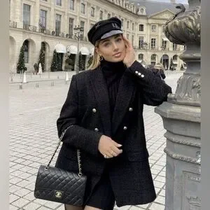 Zara | Jackets & Coats | Rare Zara Black Textured Weave Tweed Double ...